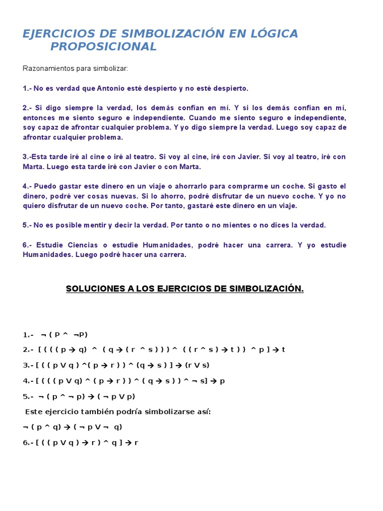 Ejercicios de Simbolización en Lógica Proposicional | PDF | Verdad | Lógica