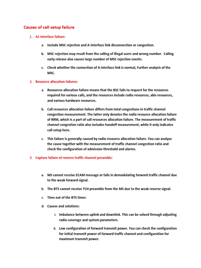 Causes of Call Setup Failure | PDF | Wireless | Networks