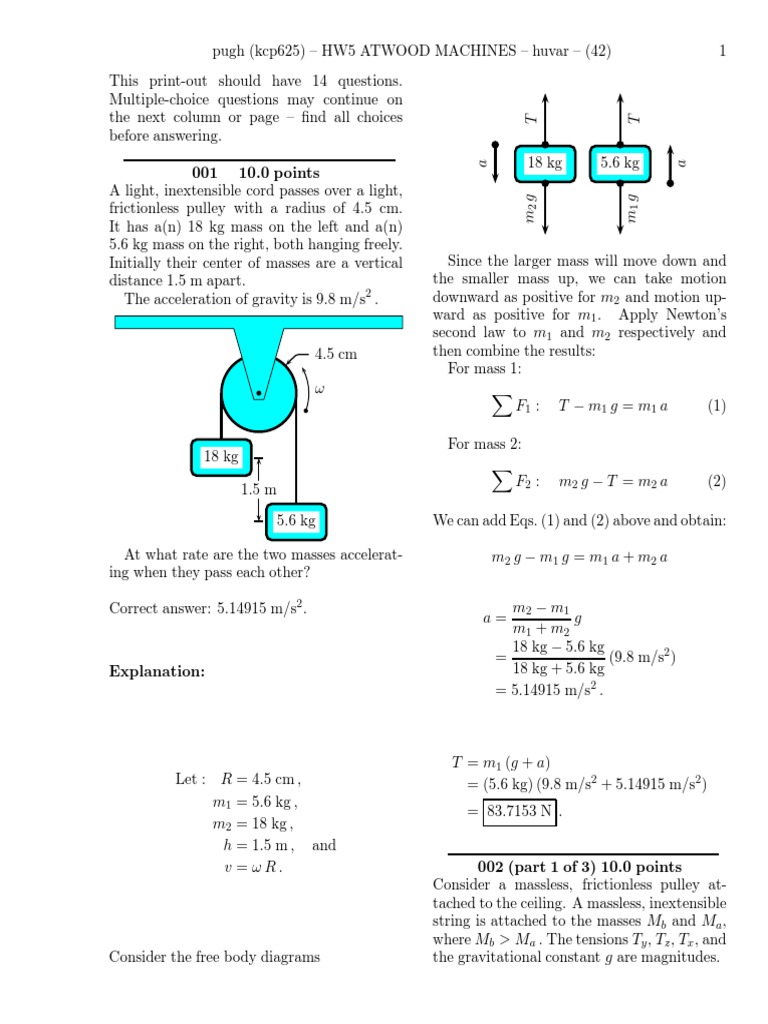 Hw5 Atwood Machines-Solutions | PDF | Tension (Physics) | Spacetime