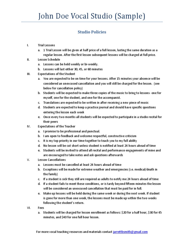 Sample Studio Policies For Voice Teachers | PDF | Teachers | Cognition