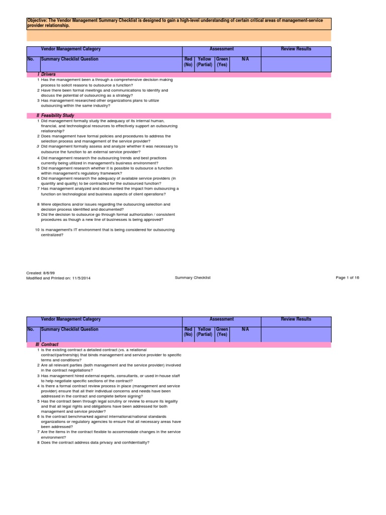 Vendor Management Review Checklist | PDF | Business Continuity ...