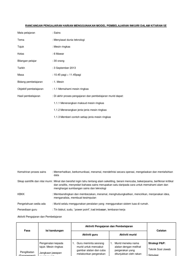 Rancangan Pengajaran Harian Menggunakan Model Pembelajaran Inkuiri ...