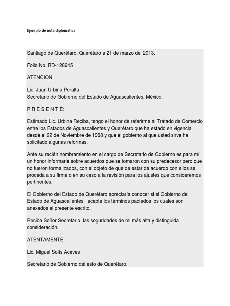 Ejemplo de Nota Diplomatica