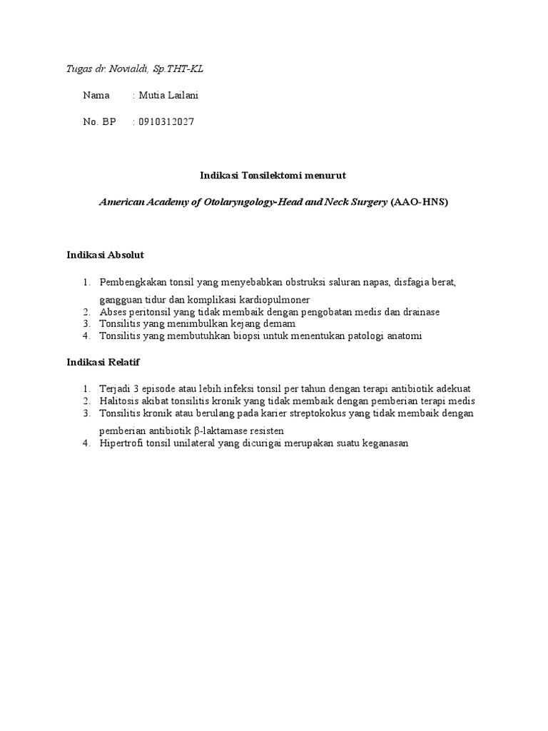 Indikasi Tonsilektomi Menurut AAO-HNS | PDF | Sains & Matematika