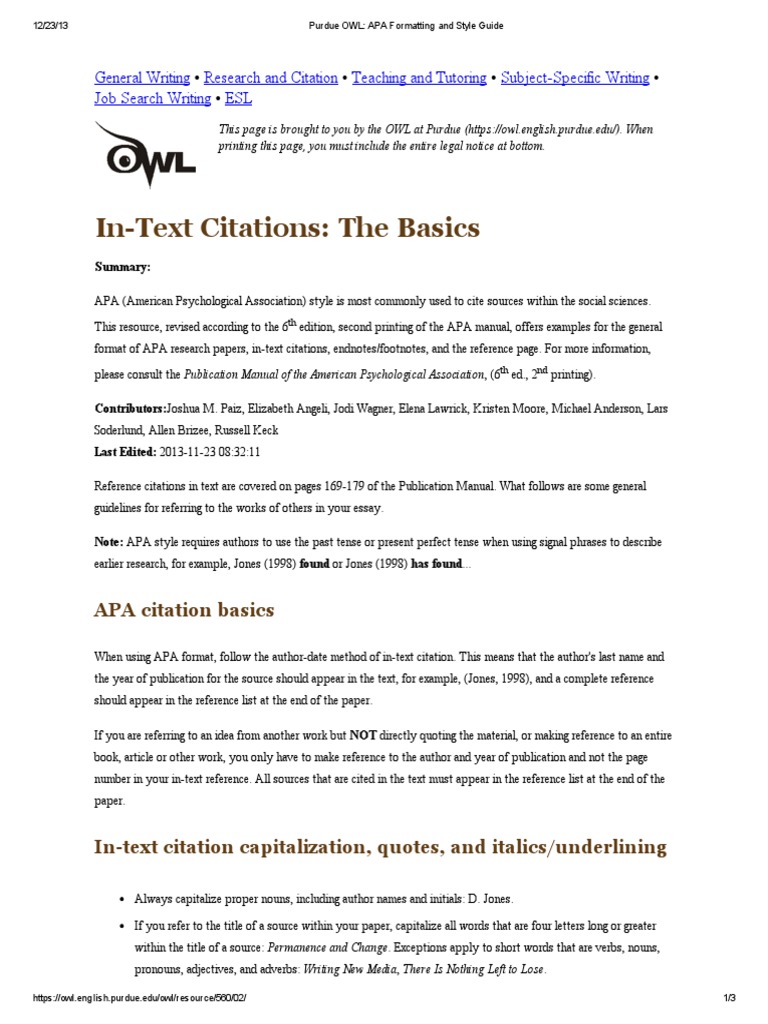 Purdue OWL - APA Formatting and Style Guide | PDF | Apa Style | Citation