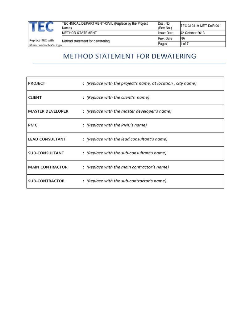 Dewatering Method Statement TEC-312319 | PDF | Safety | Specification ...