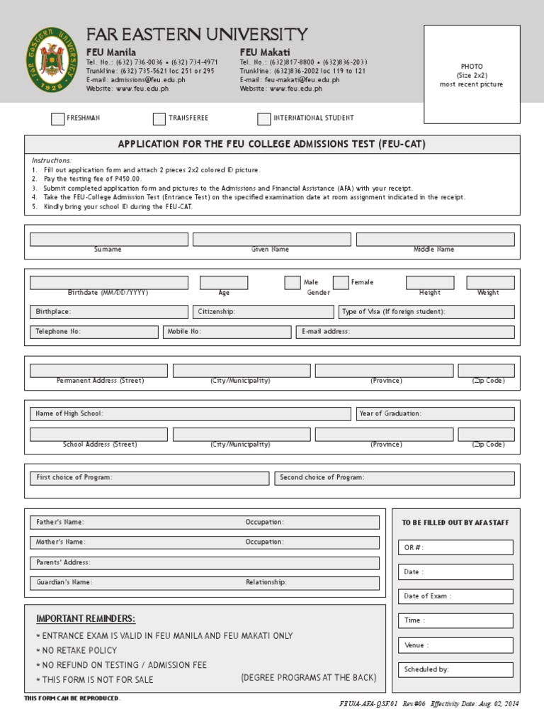 FEU-CAT Form 2014-2015jhjhbh | PDF | Bachelor Of Science | Bachelor Of Arts