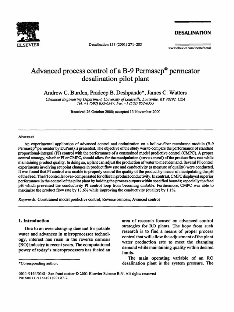 Advanced Control in RO Desalination | PDF | Mathematical Optimization ...