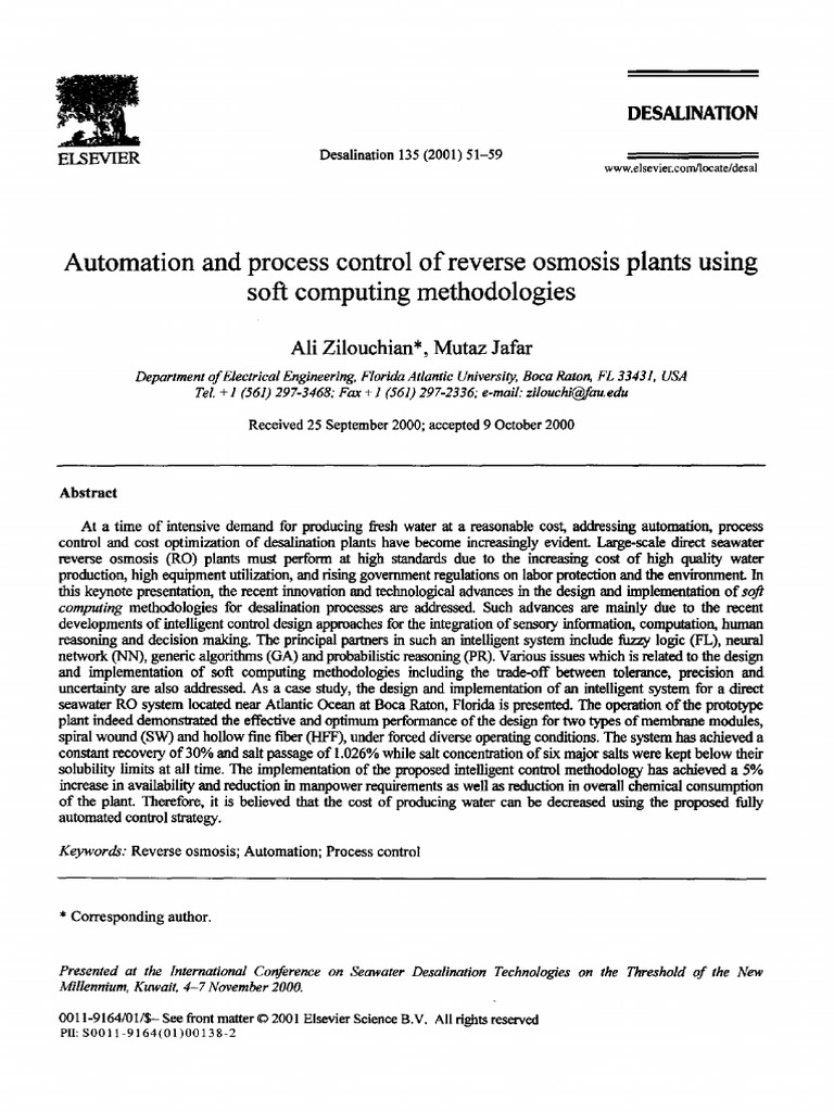 Automation and Process Control of Reverse Osmosis Plants Using Soft Computing Methodologies ...