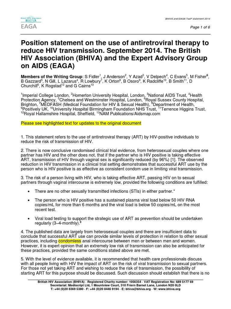 BHIVA/EAGA (UK) Position Statement On The Use of Antiretroviral Therapy ...