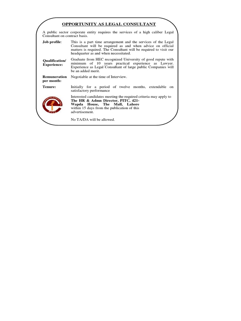 Advertisement For Legal Consultant | PDF | Career & Growth