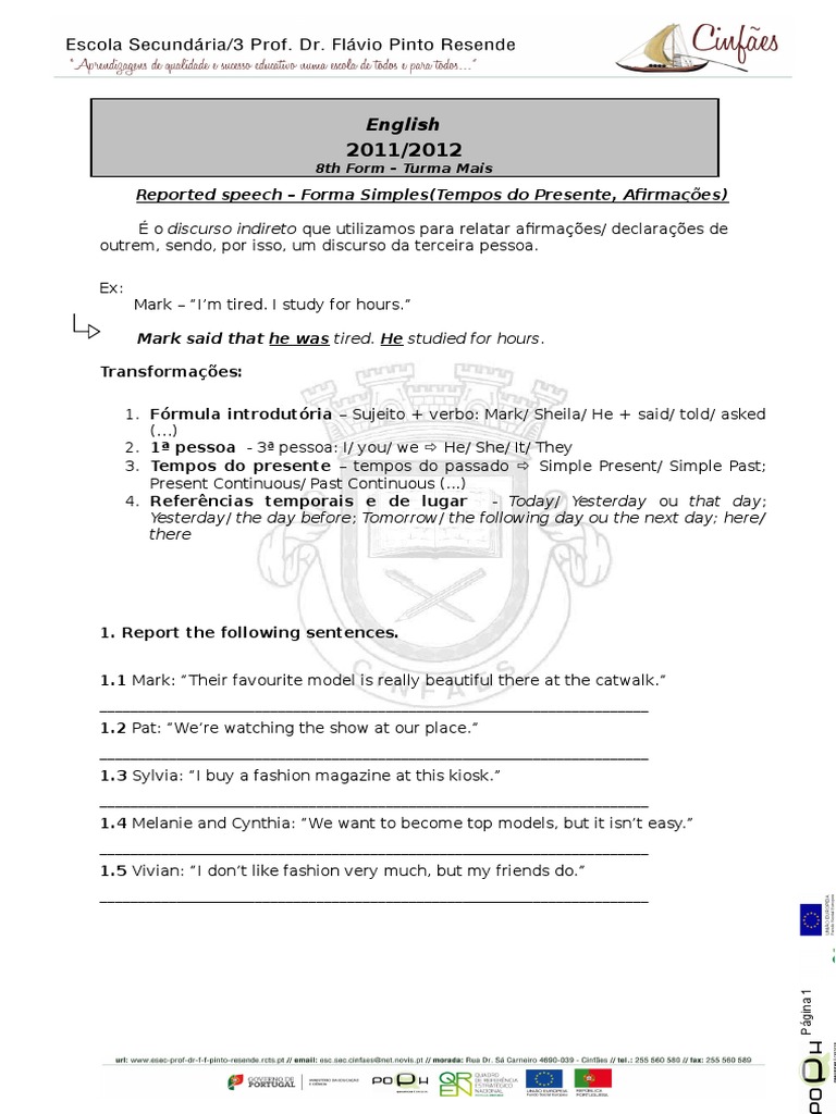 Ficha Info Trabalho Reported Speech | PDF
