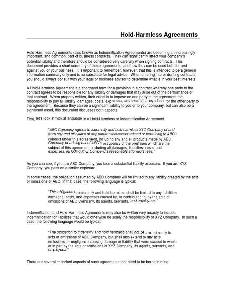 Hold-Harmless or Indemnification Agreement | PDF | Indemnity | Law Of ...