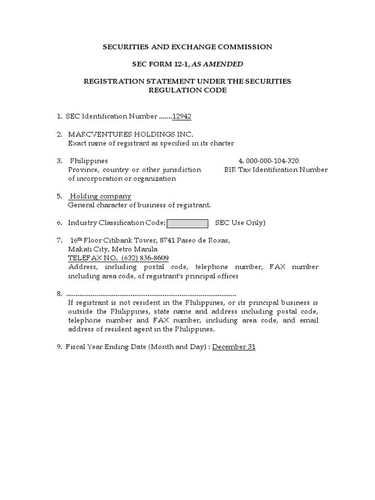 Sec Form 12-1 Registration Statement With Prospectus PDF | PDF | Stocks ...