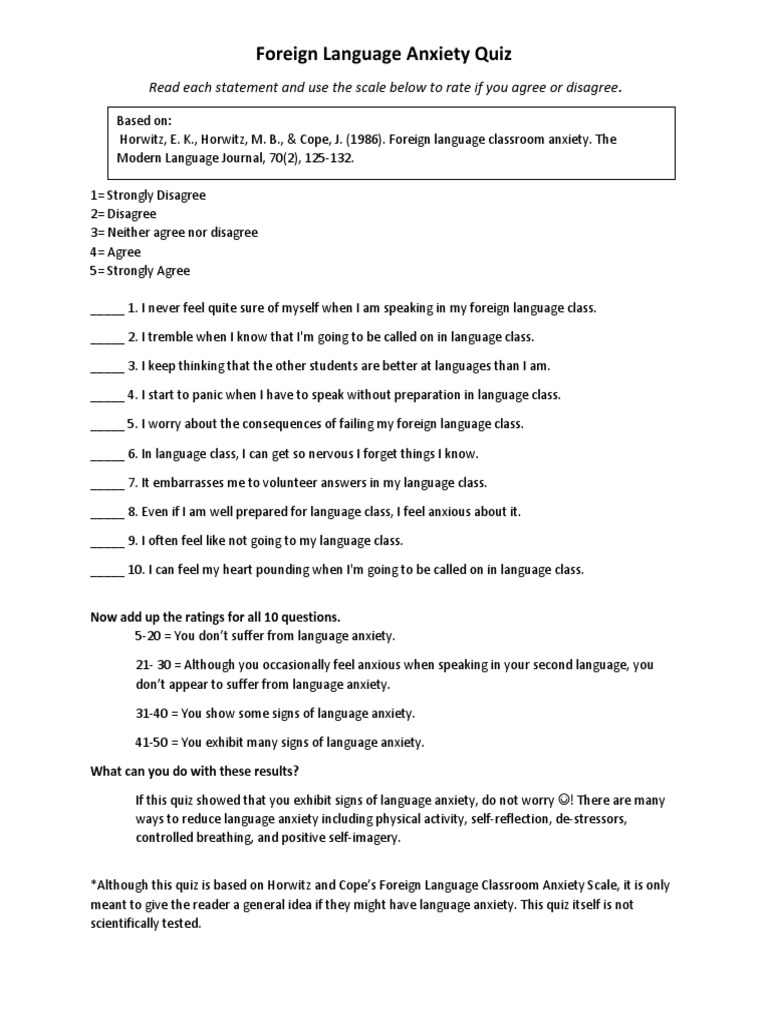 Foreign Language Anxiety Quiz | PDF