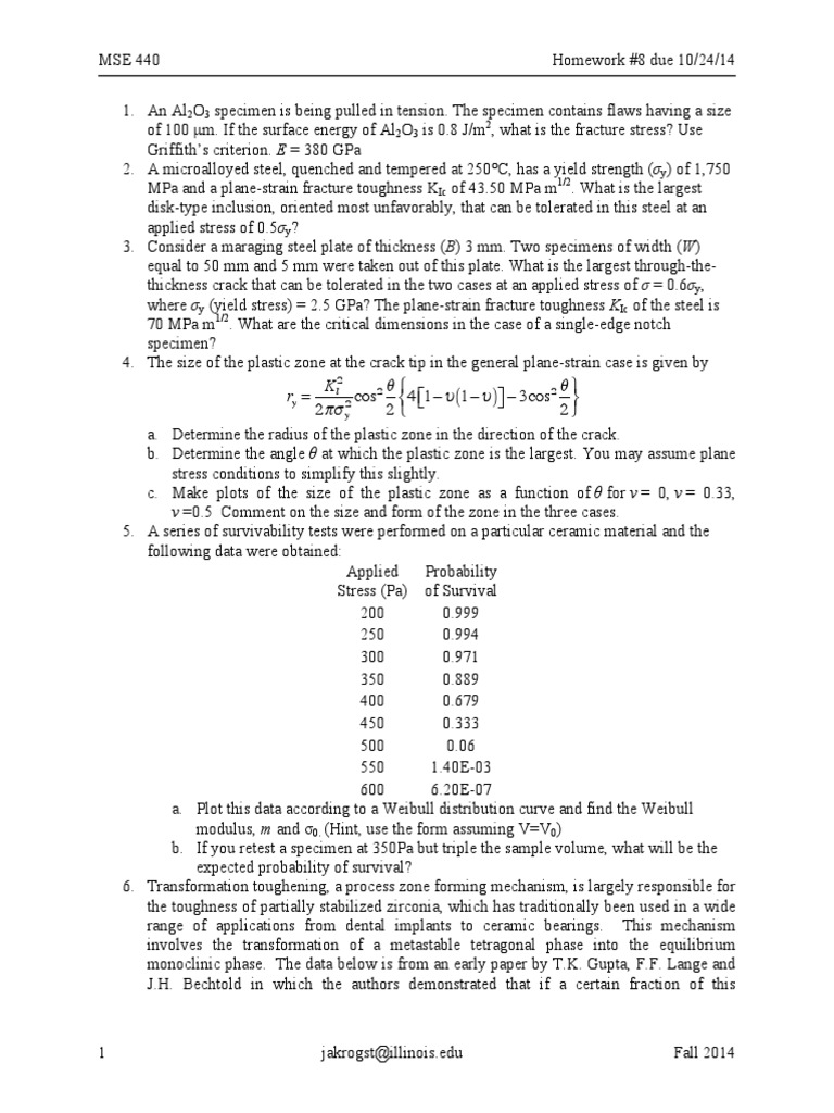 Mse 440 HW8 | PDF | Zirconium Dioxide | Fracture Mechanics