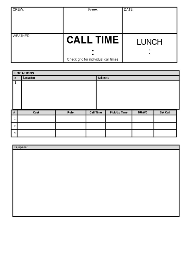 Film Crew Call Sheet Template | PDF