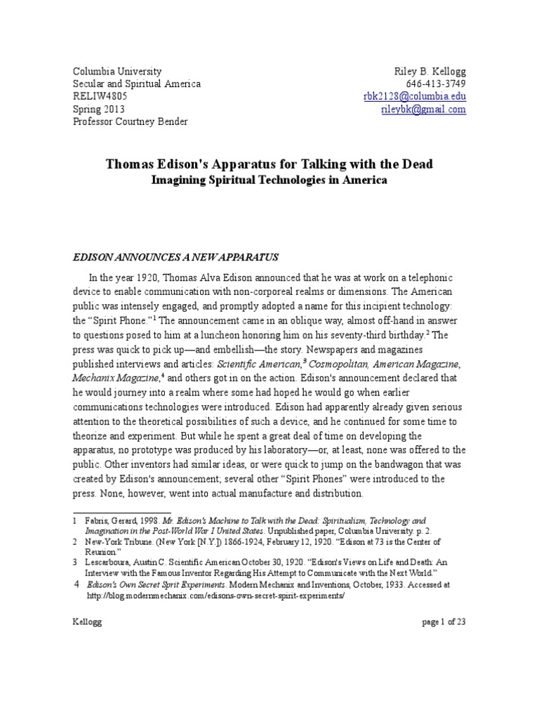 Thomas Edison's Apparatus For Talking With The Dead: Imagining ...