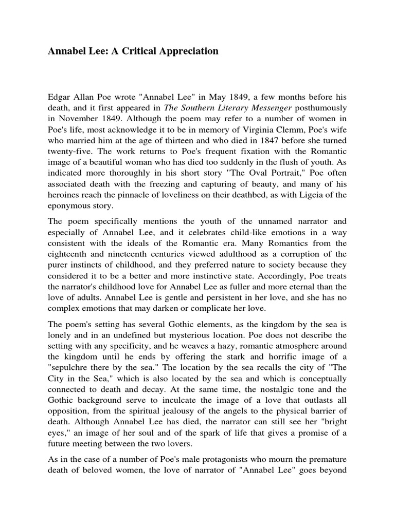 Critical Appreciation - Annabel Lee | PDF | Edgar Allan Poe | Poetry