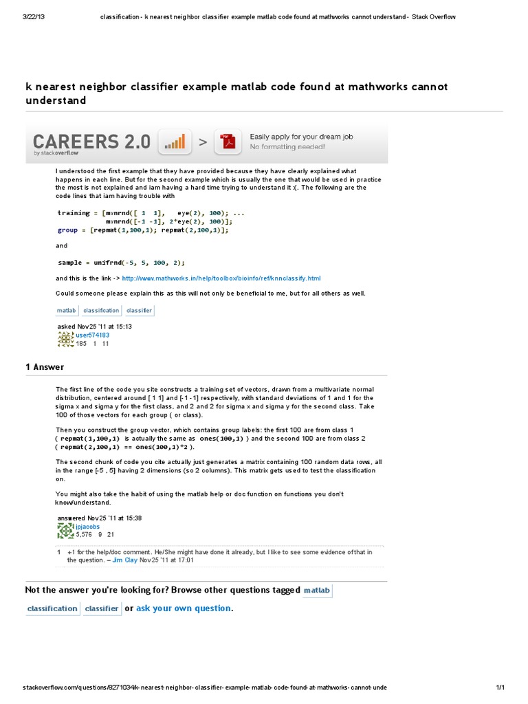 Classification - K Nearest Neighbor Classifier Example Matlab Code Found at Mathworks Cannot ...