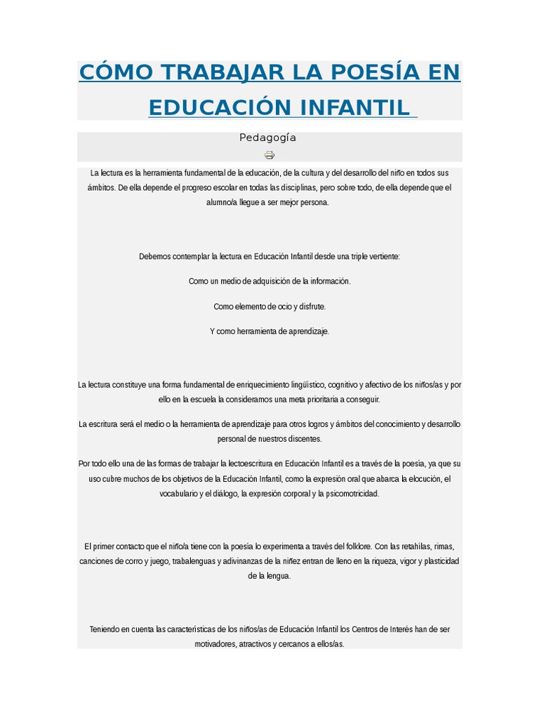 Cómo Trabajar La Poesía en Educación Infantil | PDF | Jardín de ...