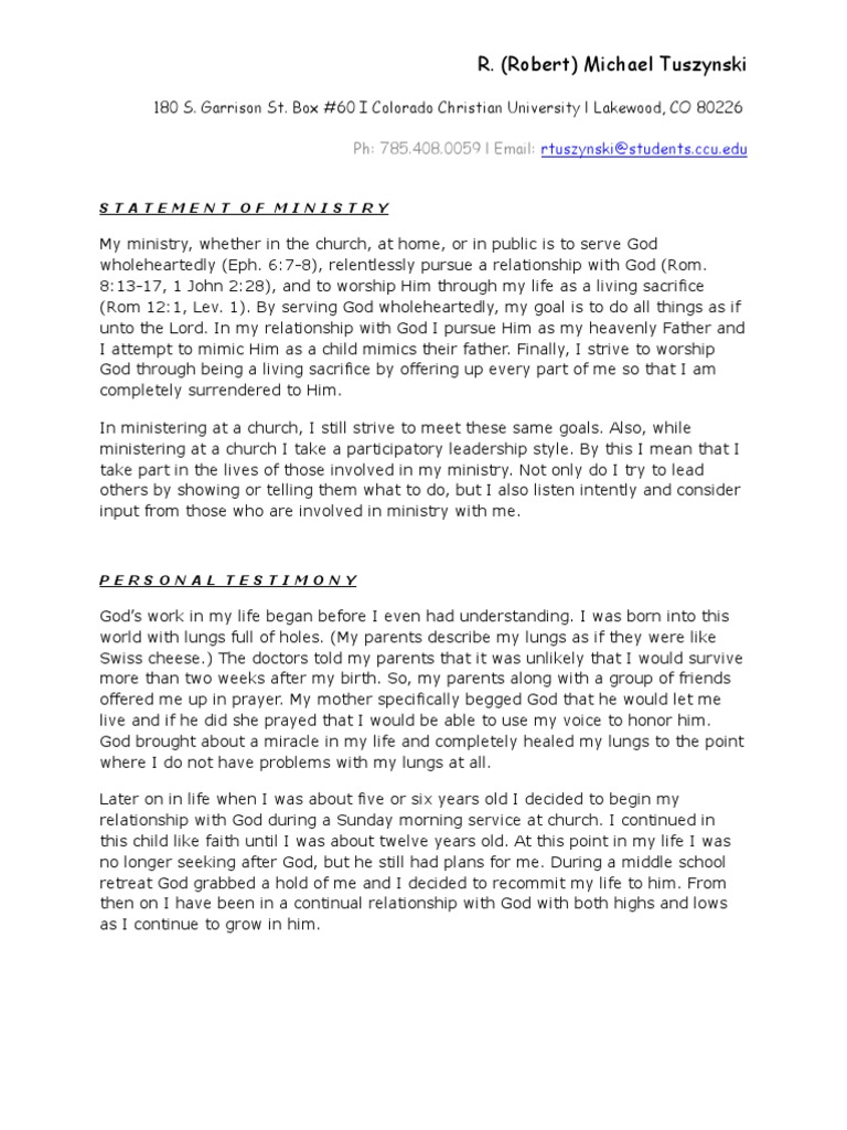 Robert Tuszynski's Ministry Statement | PDF | Protestantism | Christian ...