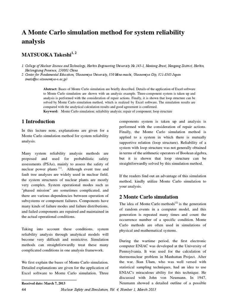 A Monte Carlo Simulation Method For System Reliability Pdf Pdf Monte Carlo Method