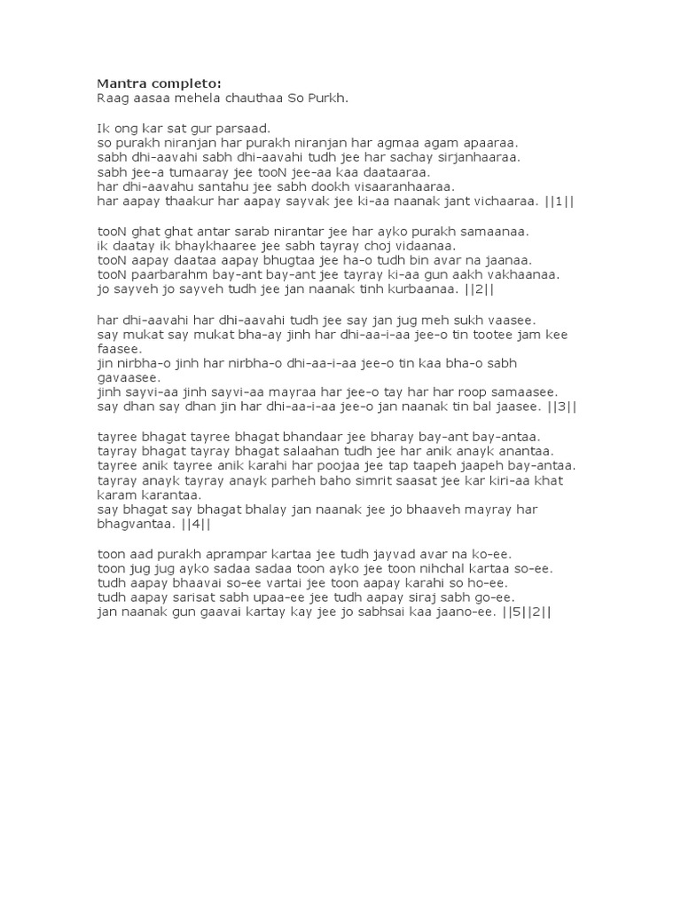 So Purkh Mantra Completo | PDF | Guru Nanak | Teísmo