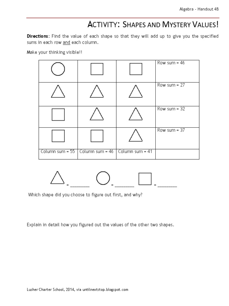 Handout 4B - Activity - Mystery Shapes | PDF | Algebra | Teaching ...