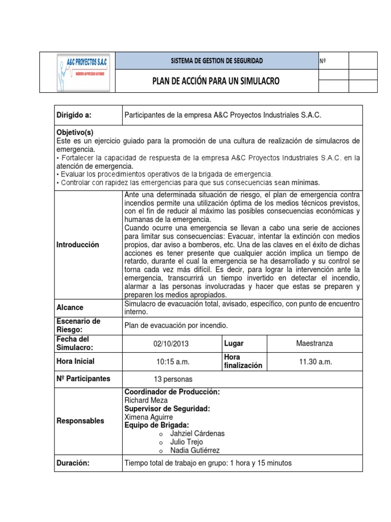 Plan de Accion para Un Simulacro | PDF | Simulación | Primeros auxilios
