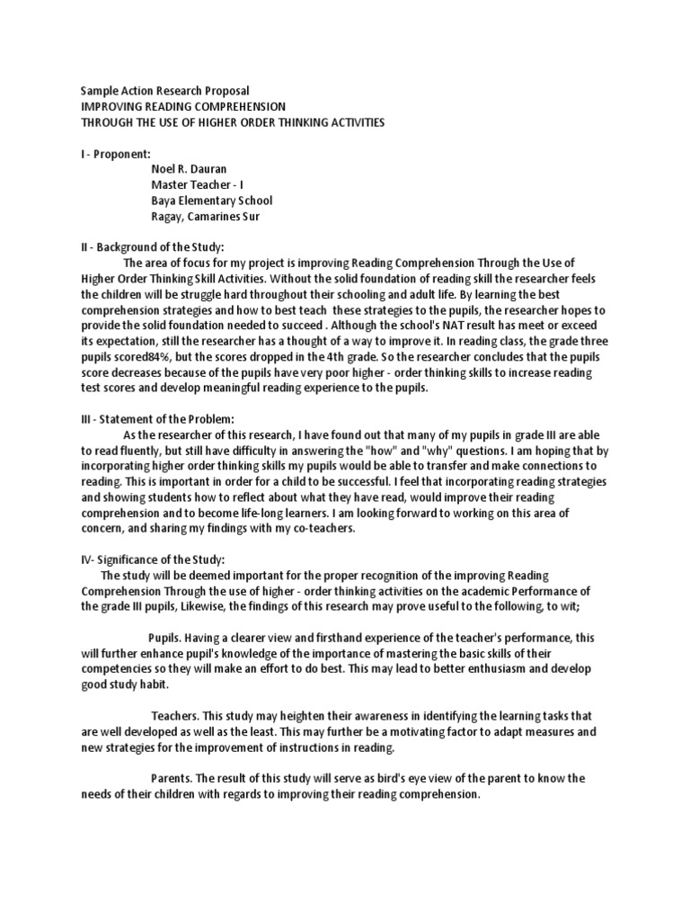 Sample Action Research Proposal | PDF | Reading Comprehension | Teachers