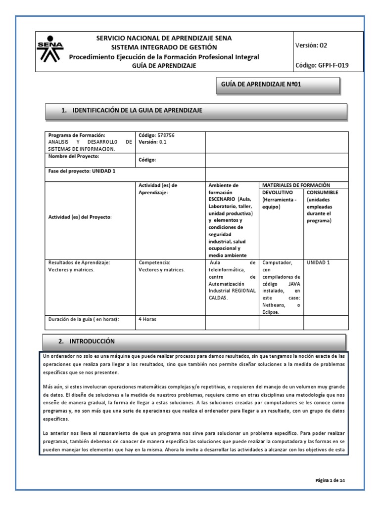 GFPI-F-019 Guia de Aprendizaje ADSI Java VectorMatriz | PDF | Estructura de datos de matriz ...