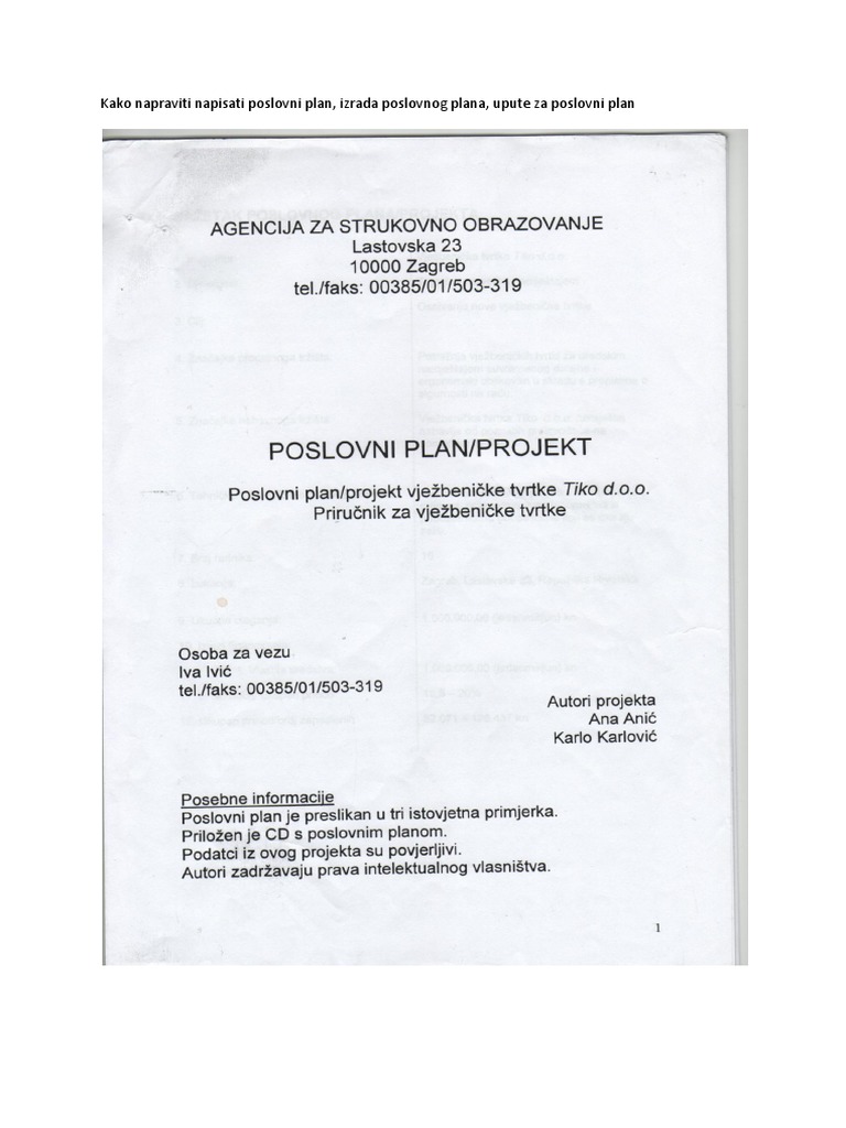Upute Kako Napraviti Napisati Izraditi Poslovni Plan | PDF