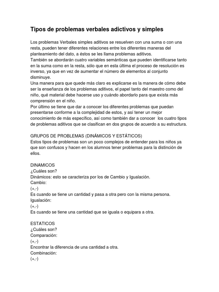 Tipos de Problemas Verbales Adictivos y Simples | PDF | Conocimiento ...