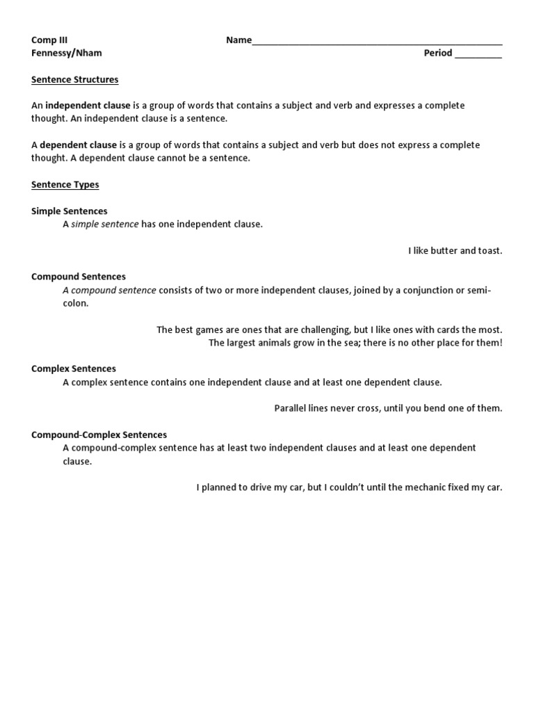 Sentence Structure Notes | PDF | Clause | Sentence (Linguistics)