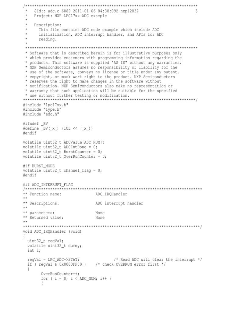 Adc Lpc1769 Code | PDF | Analog To Digital Converter | Electrical Engineering