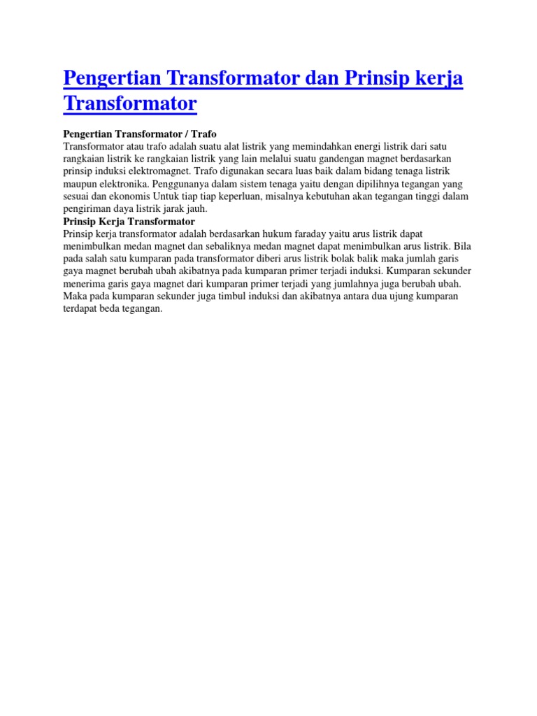 Pengertian Transformator Dan Prinsip Kerja Transformator | PDF