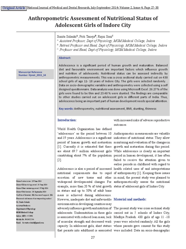 Anthropometric Assessment of Nutritional Status of Adolescent Girls of ...
