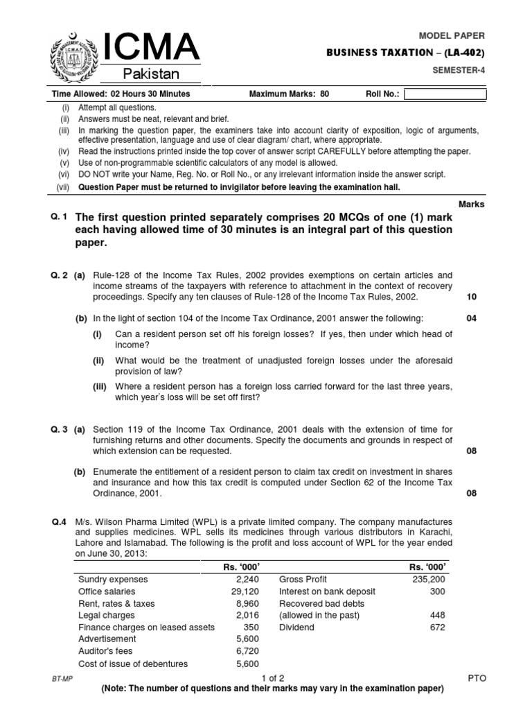 ICMAP Business Law Past Papers | PDF | Expense | Taxes