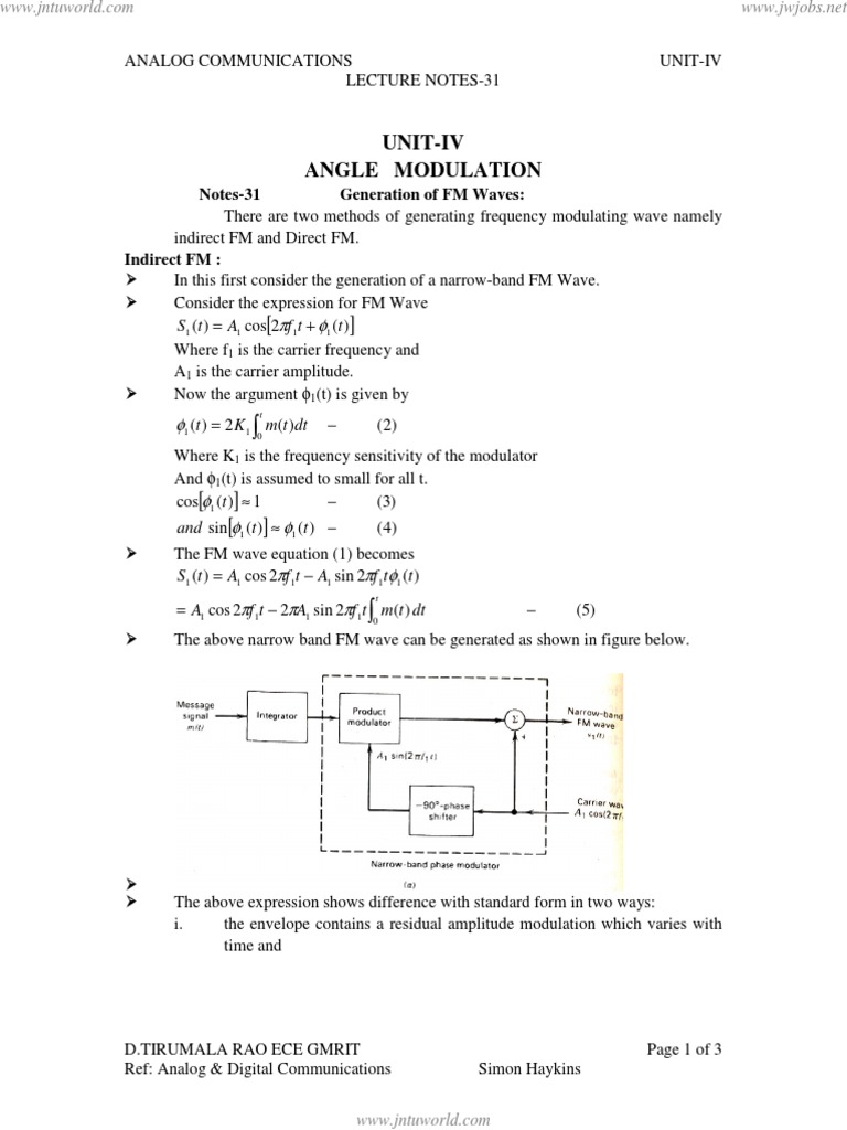 Unit-Iv Angle Modulation: Notes-31 Generation of FM Waves | Download ...