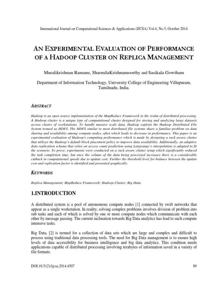 An Experimental Evaluation of Performance of A Hadoop Cluster On Replica Management | PDF ...