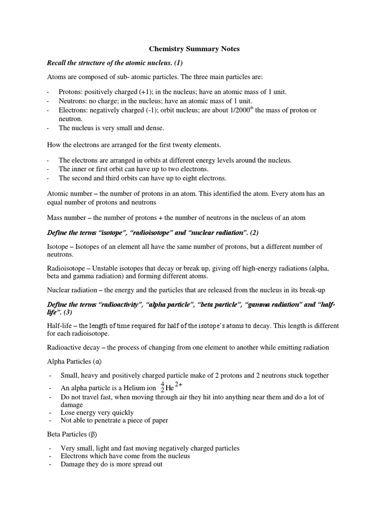 Chemistry Summary Notes on Atoms and Radioactivity | PDF | Radioactive ...