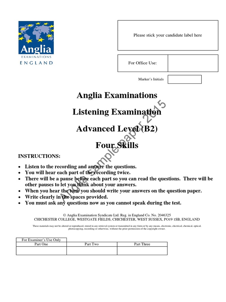 Paper 2015: Anglia Examinations Listening Examination Advanced Level ...