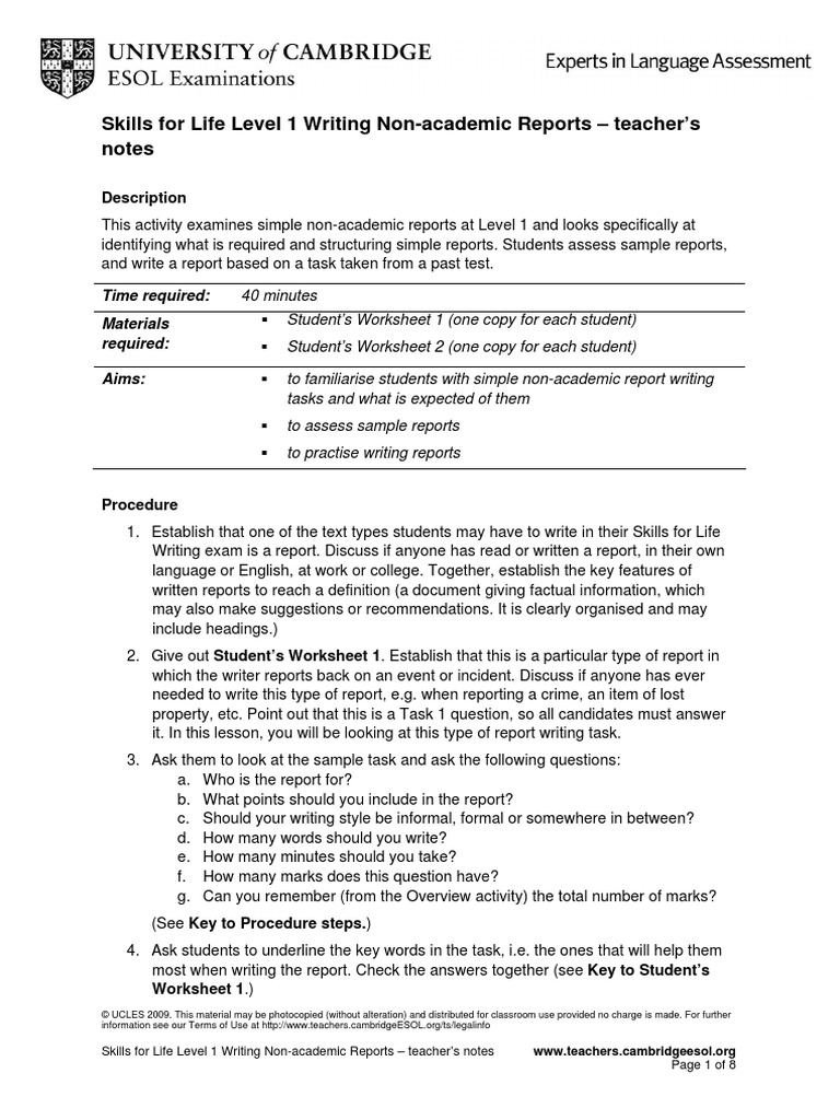 Sfl Writing L1 Simple Non Academic Reports 1 Test Assessment Cognition