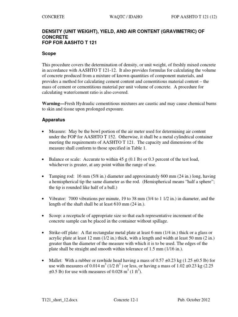 Density (Unit Weight), Yield, and Air Content (Gravimetric) of Concrete ...