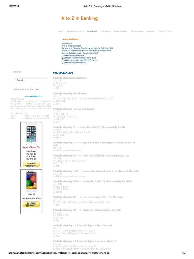 Banking Exam Math Shortcuts | PDF | Percentage | Multiplication