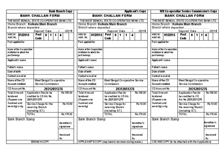 WBCSC Advt.01... 2014 Bank Challan Form WBSCB | PDF