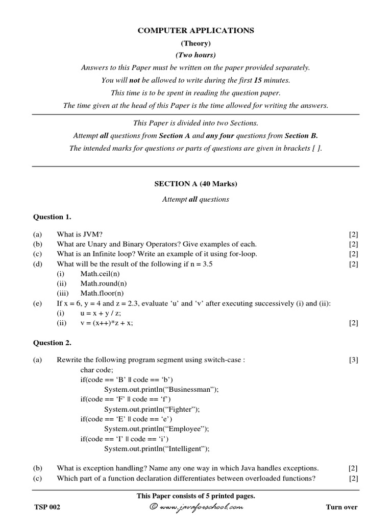 Computer Applications Icse Sample Paper 2 Pdf Pdf Control Flow Integer Computer Science 