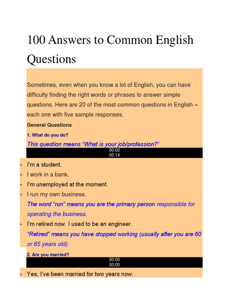 100 Common English Question Answers | PDF | Waiting Staff | English ...