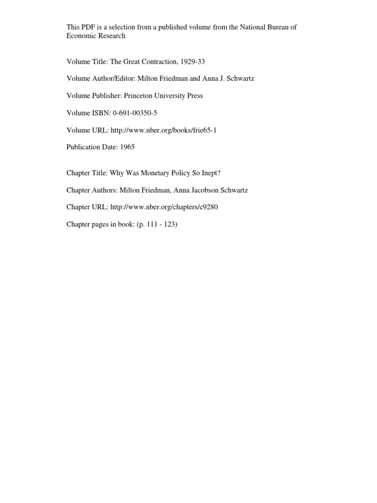 Milton Friedman, Anna J. Schwartz. The Great Contraction, 1929-33 P9 ...